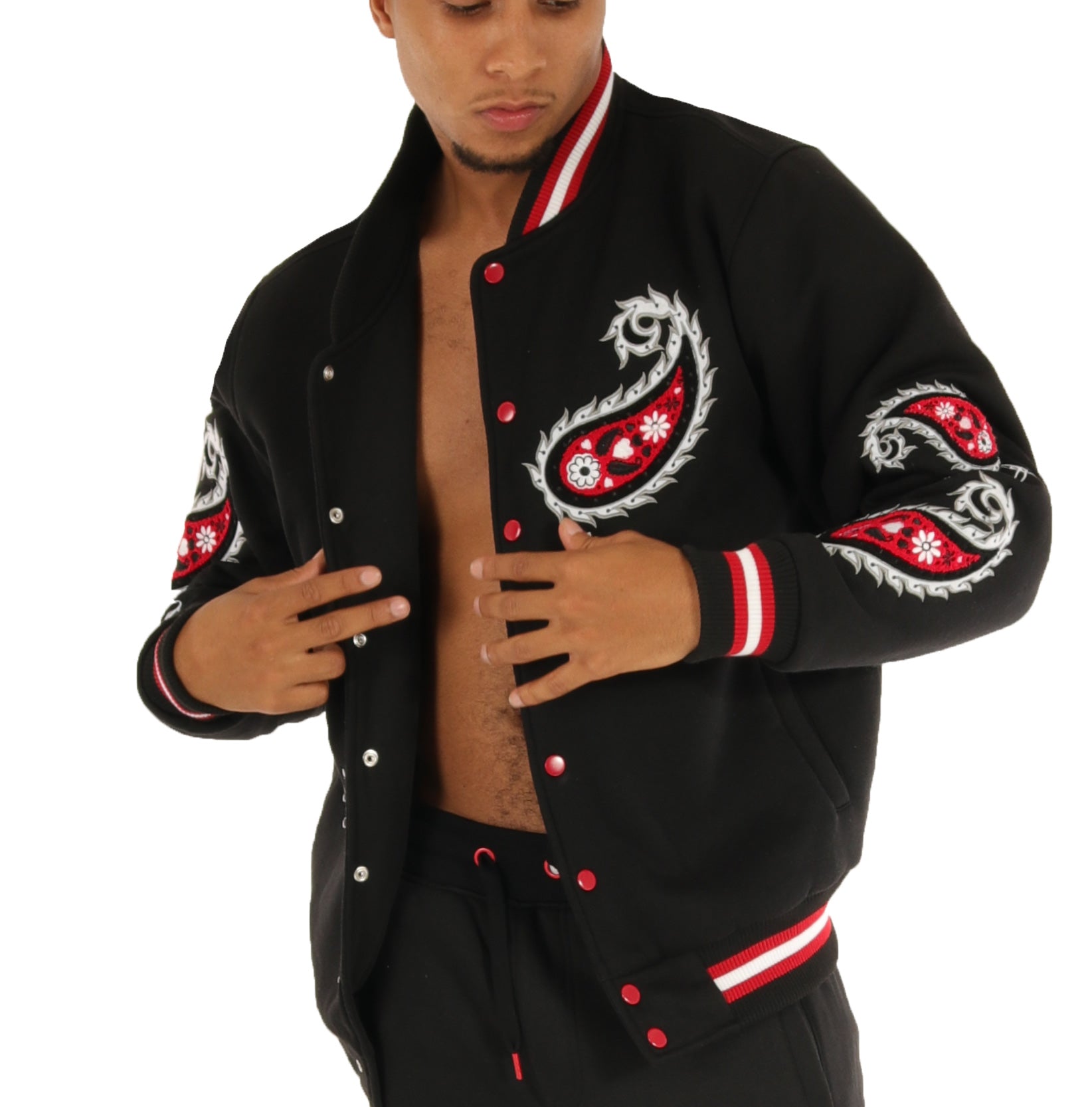 J11358 PAISLEY CHENILLE EMBROIDERY FLEECE VARSITY JACKET – Screenshotbrand